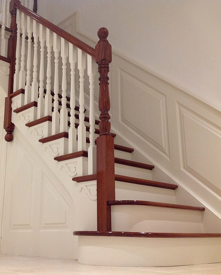 Mahogony and Ivory Timber Stairs with Curved Landing and Panelling ...