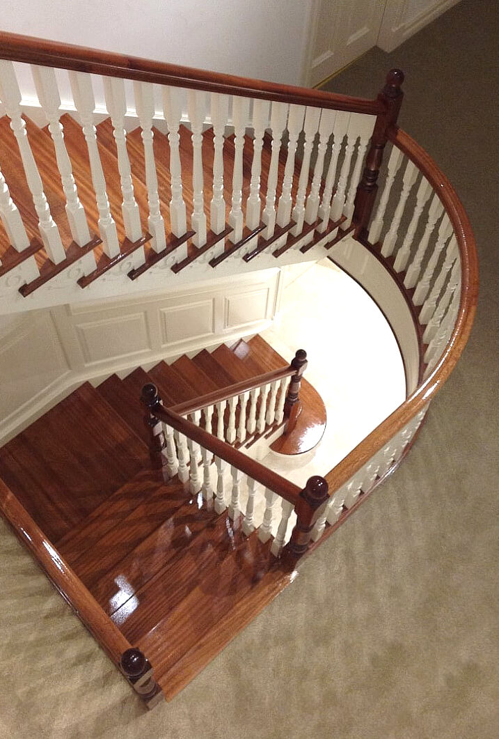 Mahogony and Ivory Timber Stairs with Curved Landing and Panelling ...