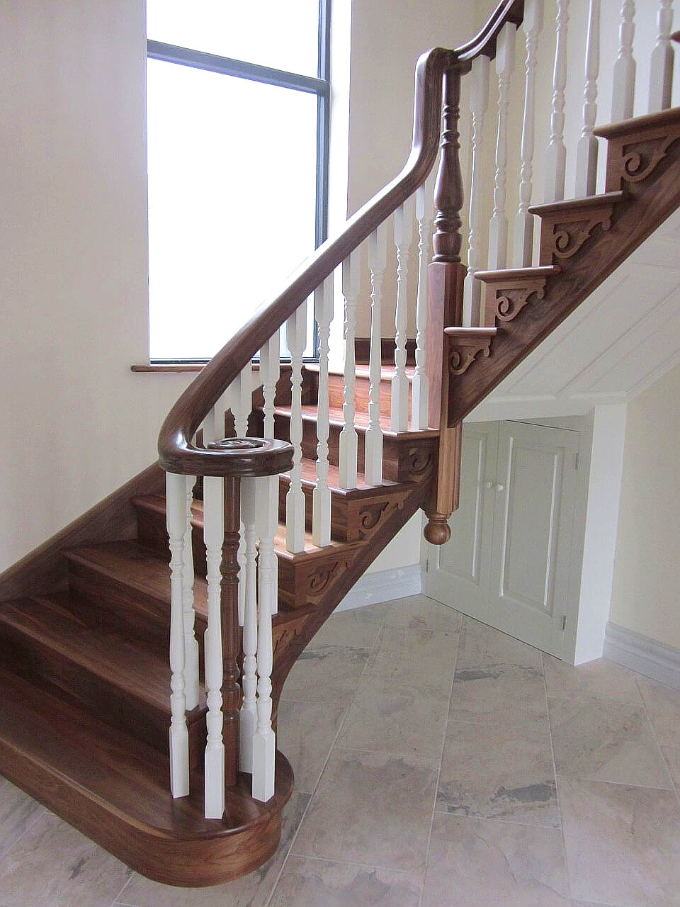 Flared Walnut and Ivory Stairs with Scroll and Wreath - Custom Built ...
