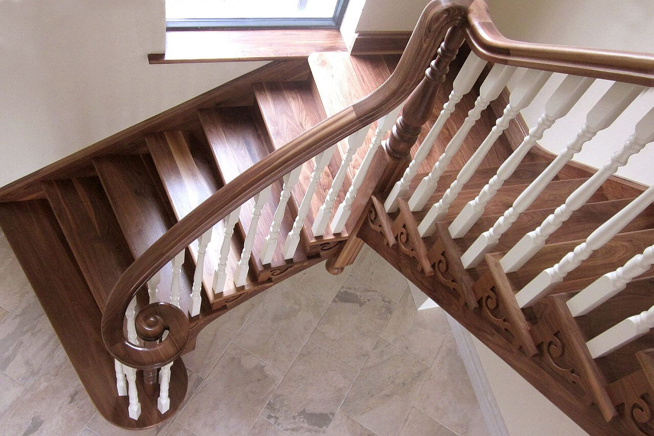Flared Walnut and Ivory Stairs with Scroll and Wreath - Custom Built ...
