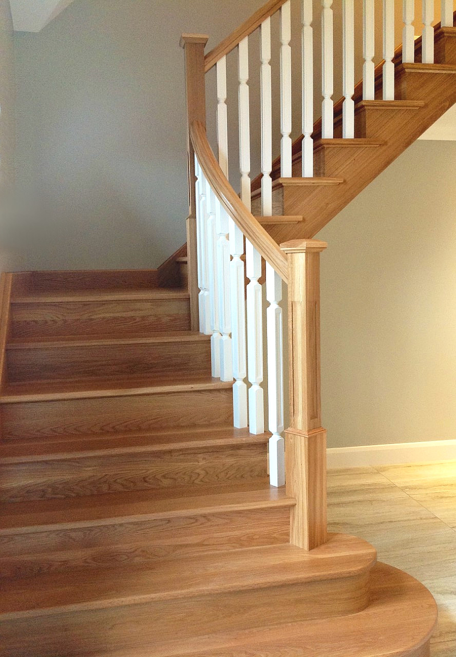 Contemporary white oak and ivory cut string flared timber stairs with ...